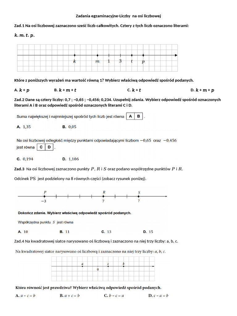 Zadania Egzaminacyjne - Liczby Na Osi Liczbowej | PDF