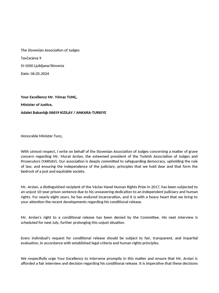 Letter For The Conditional Release of MR Arslan - Slovenia | PDF