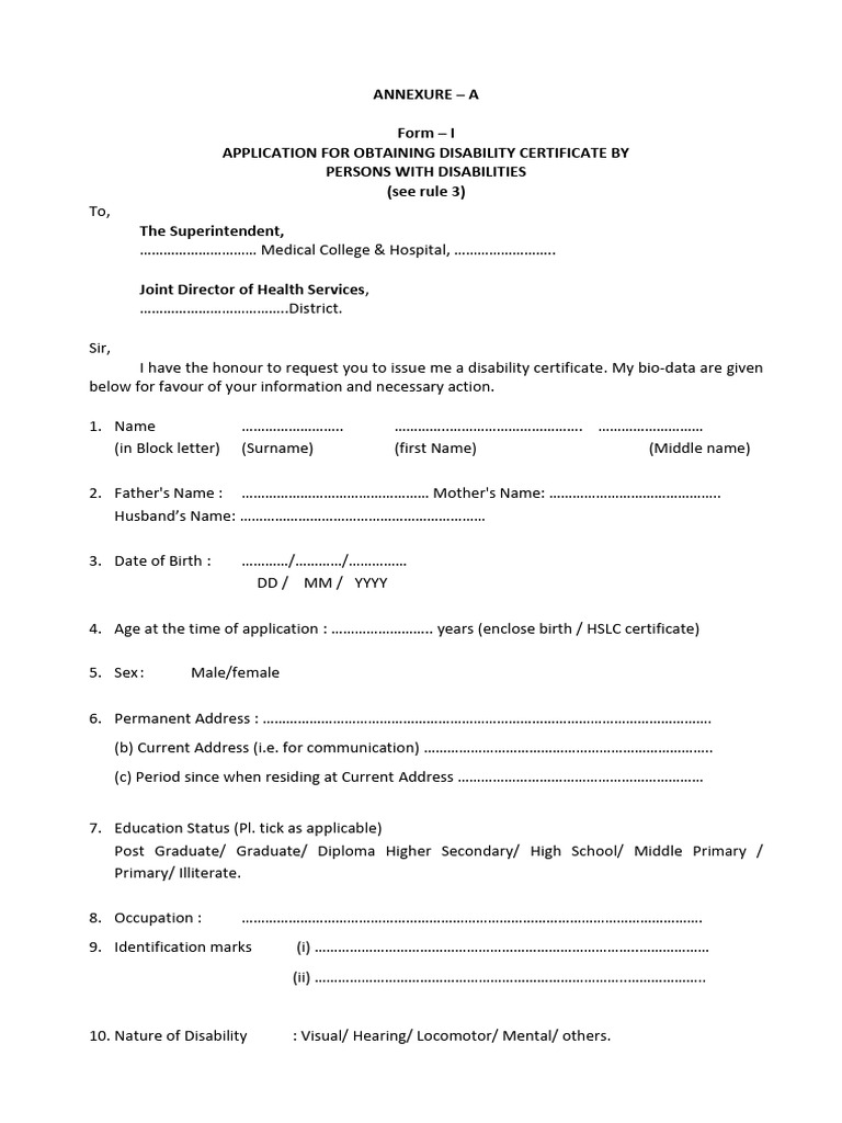 Form I - ANNEXURE - A - Application Form For Obtaining Disability ...