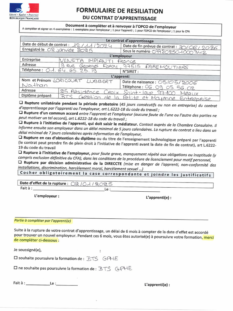 CERFA Rupture - Nathan LORICOURT LUBBERT - GPME MJ 26 | PDF
