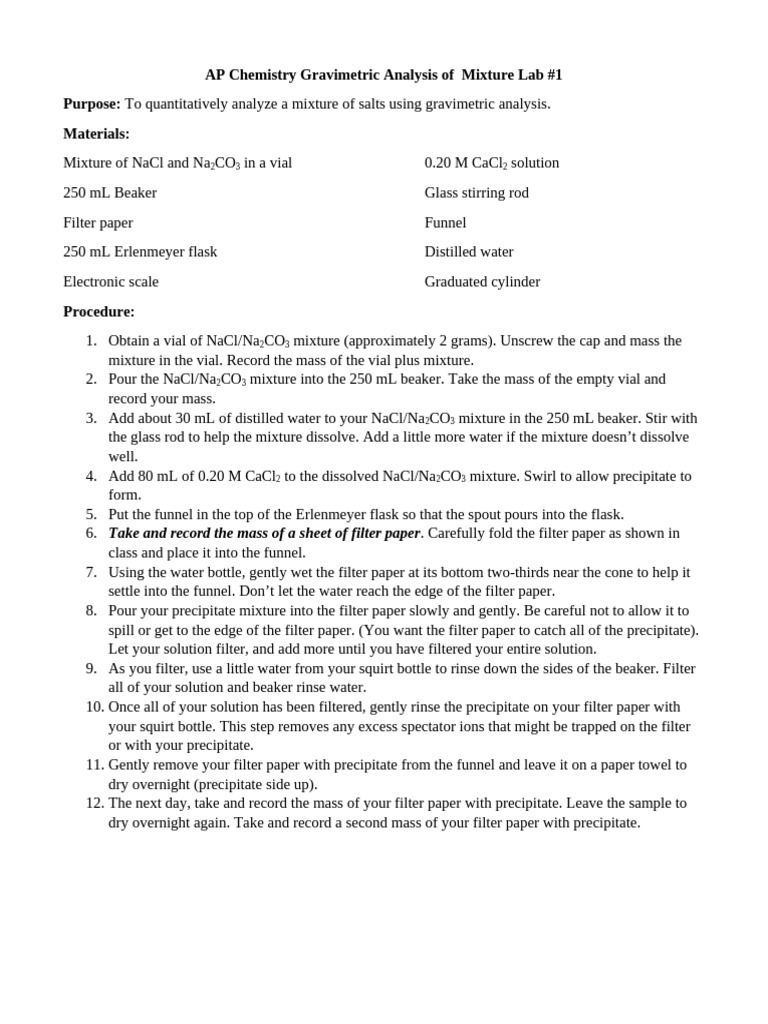 AP Chemistry Gravimetric Analysis of Mixture Lab | PDF | Mixture ...