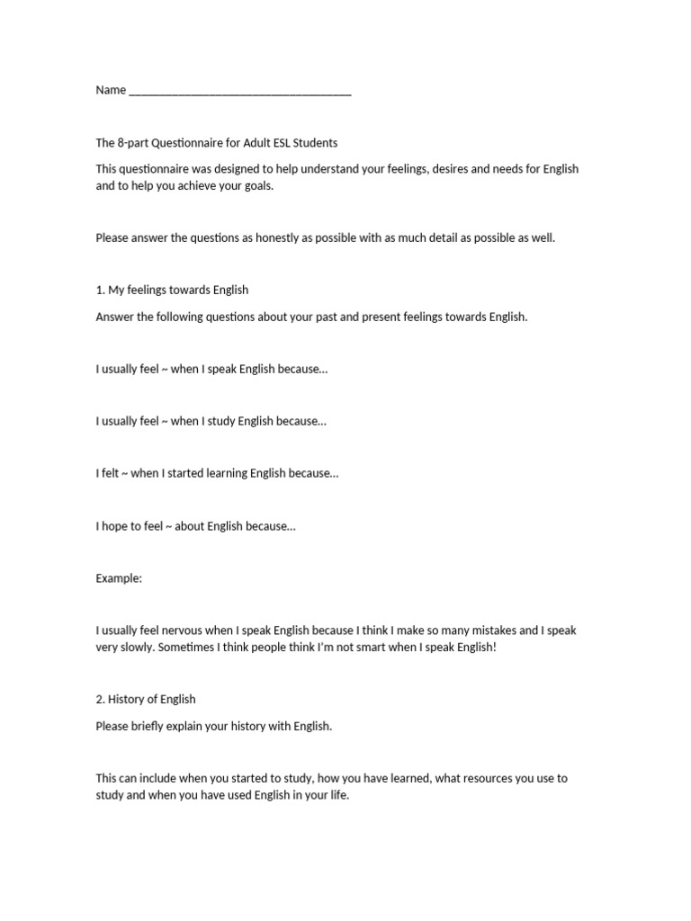 ESL Student Questionnaire Overview | PDF | English Language | Goal