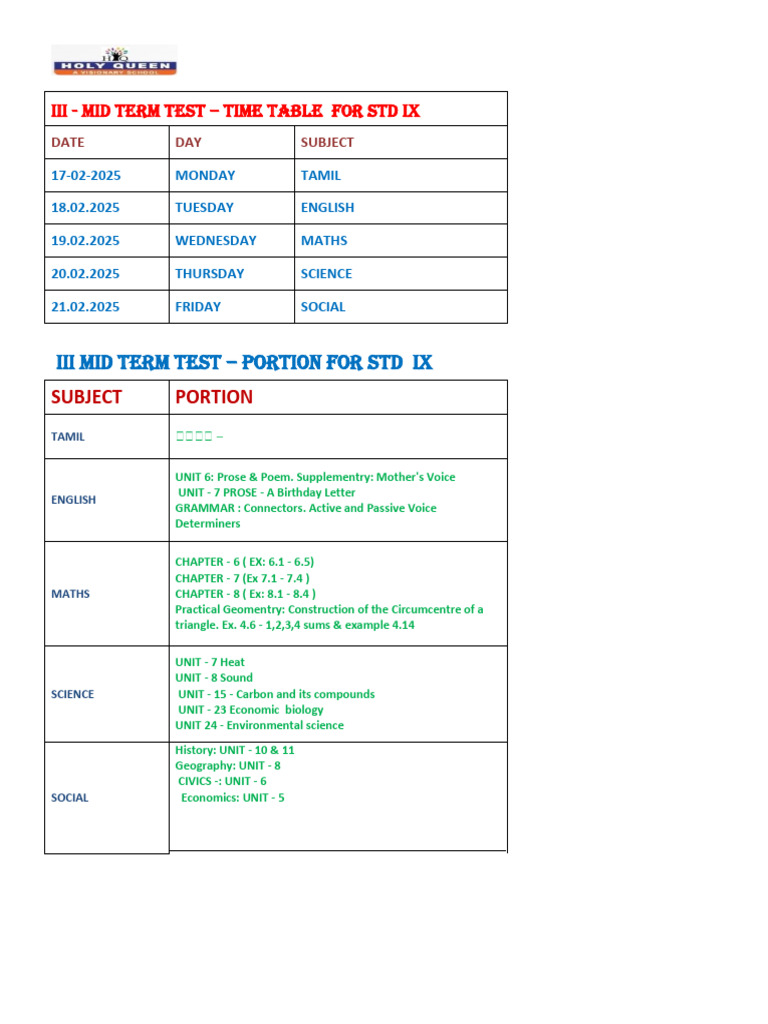 Ix Portion & Time Table | PDF