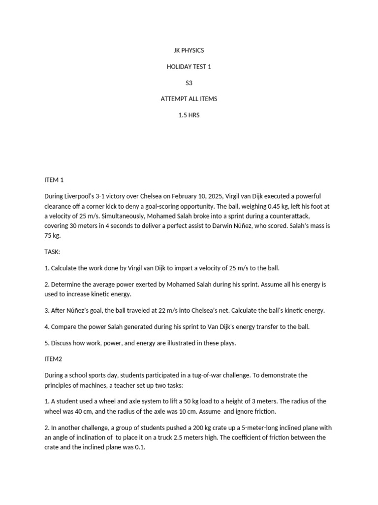 JK PHYSICS s3 holiday test | PDF