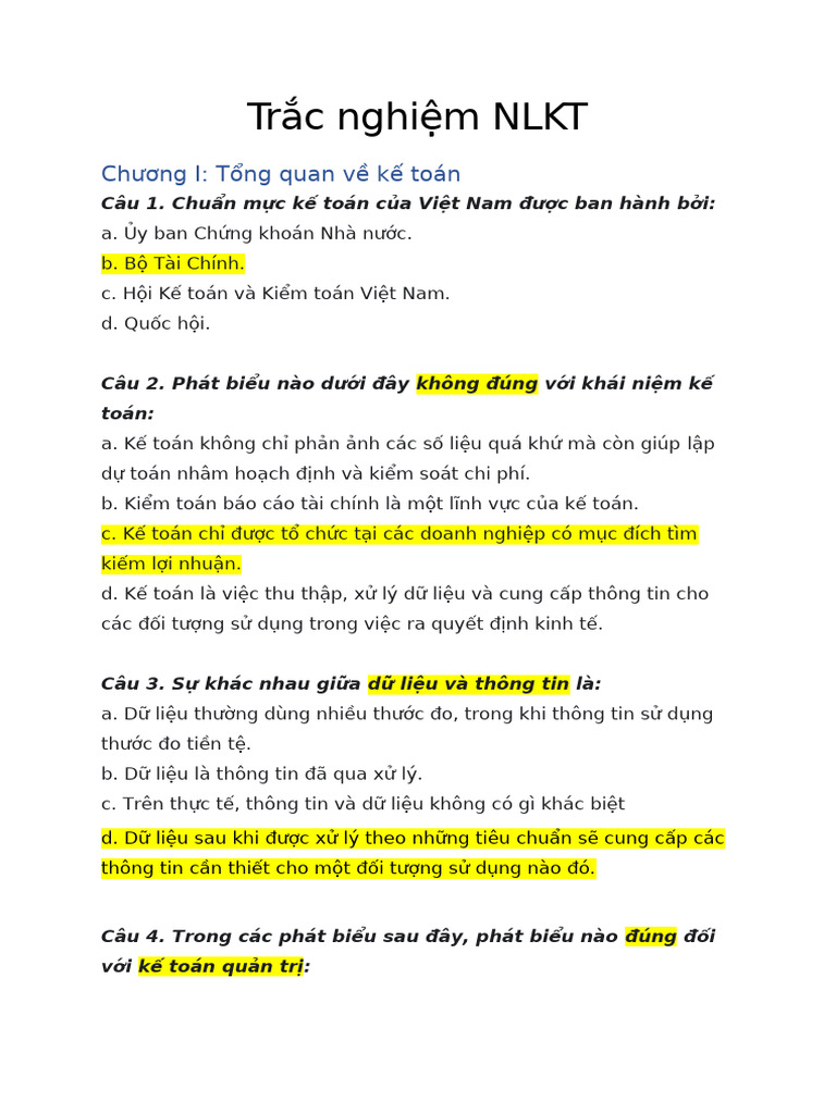 Đáp Án Trắc Nghiệm Sách NLKT | PDF