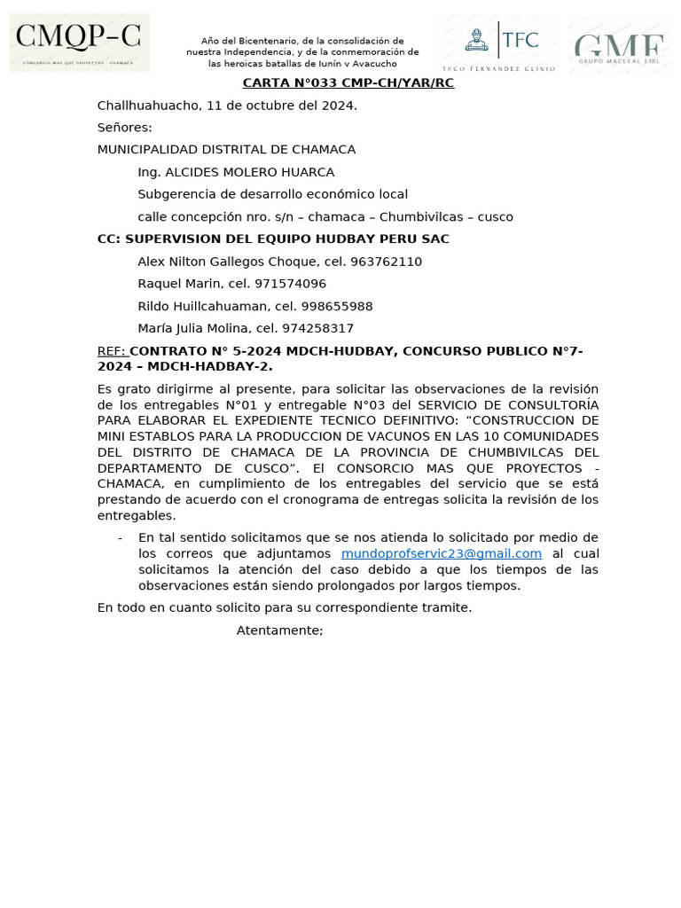 Carta N°033 Solicito Observaciones y Estado de La Documentacion | PDF
