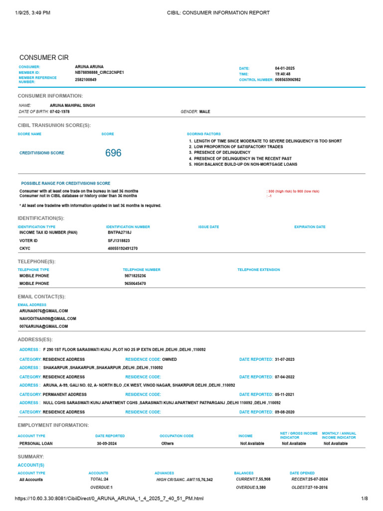 Cibil - Consumer Information Report - Aruna | PDF | Credit | Finance ...
