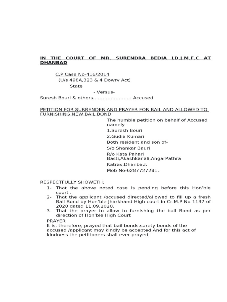 Surrender Cum Bail With Furnishing The Bail Bond | PDF