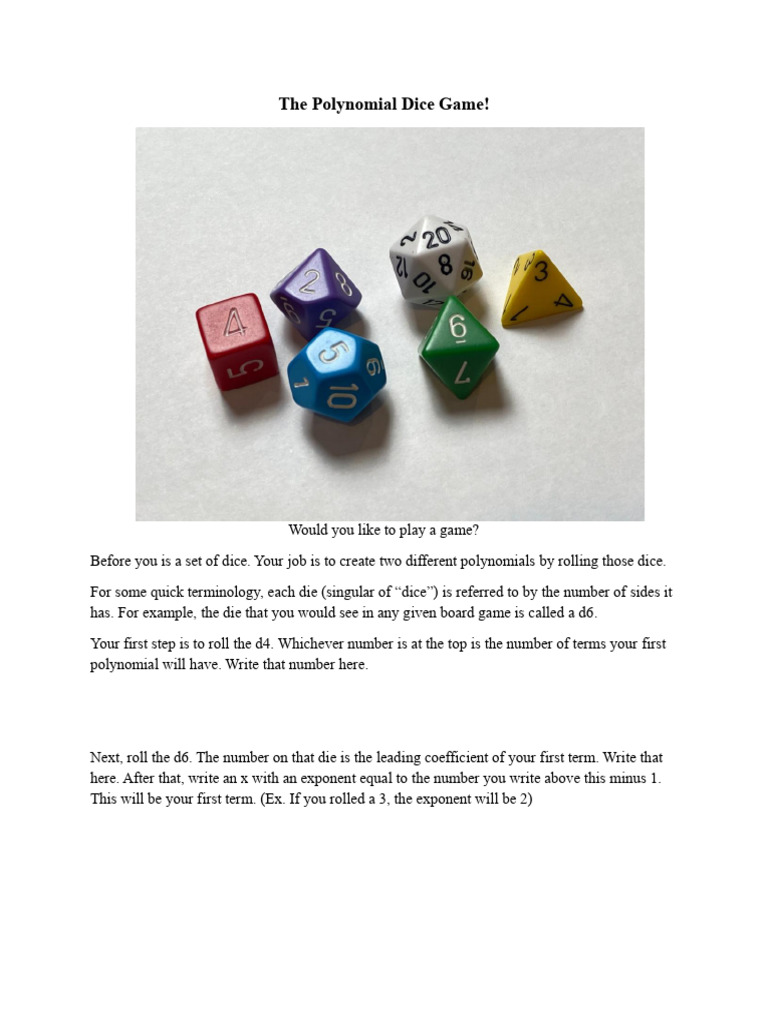 Polynomial Dice Game Worksheet | PDF