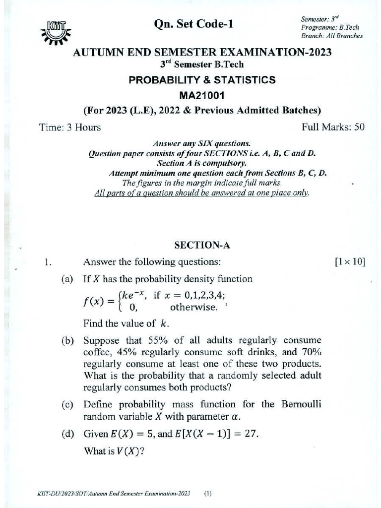 Probability and Statistics (MA21001) 3rd Sem END | PDF