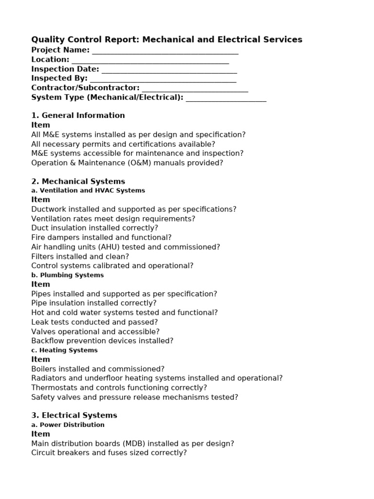 Mech & Elec Qualtiy Inspection Sheet FSL Template | PDF | Duct (Flow ...