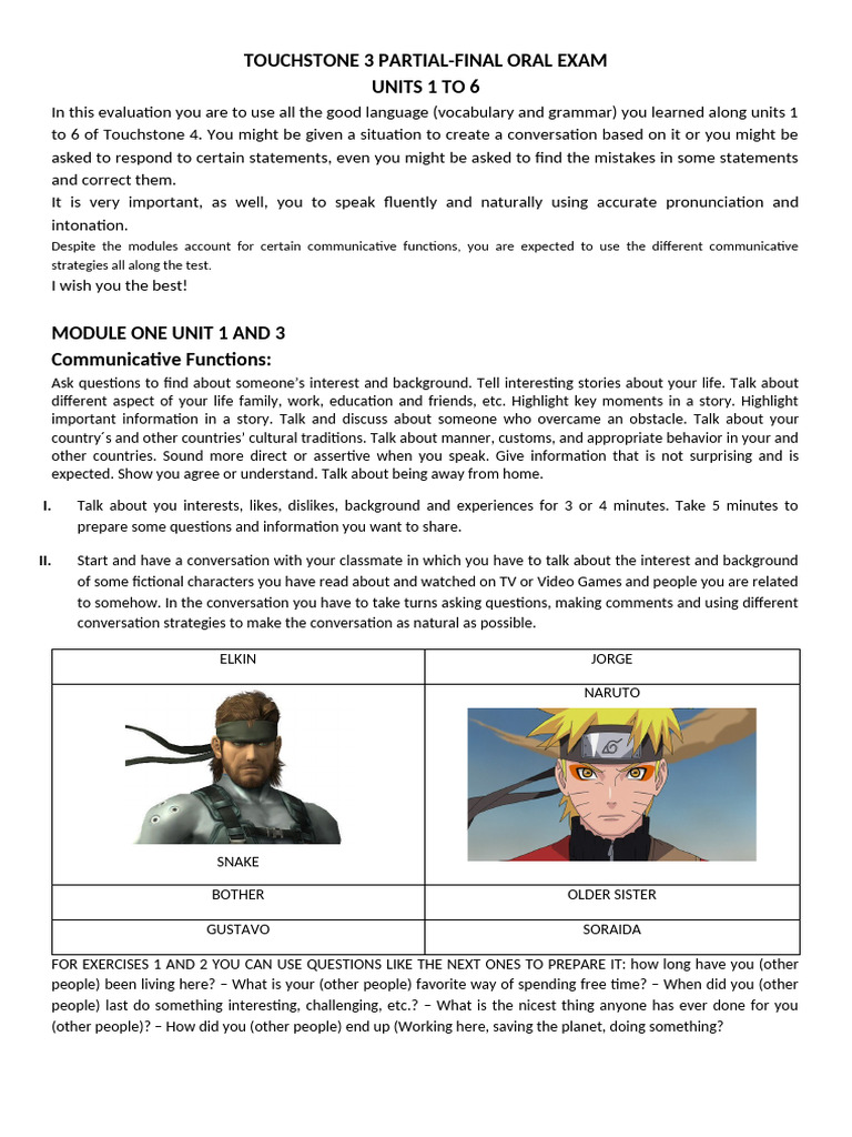 Touchstone 4 Oral Exam Guide | PDF