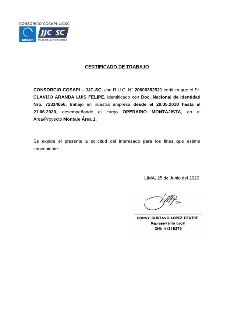 Certificado de Trabajo Consorcio Cosapi - JJC-SC 2020 Operario Tubero ...