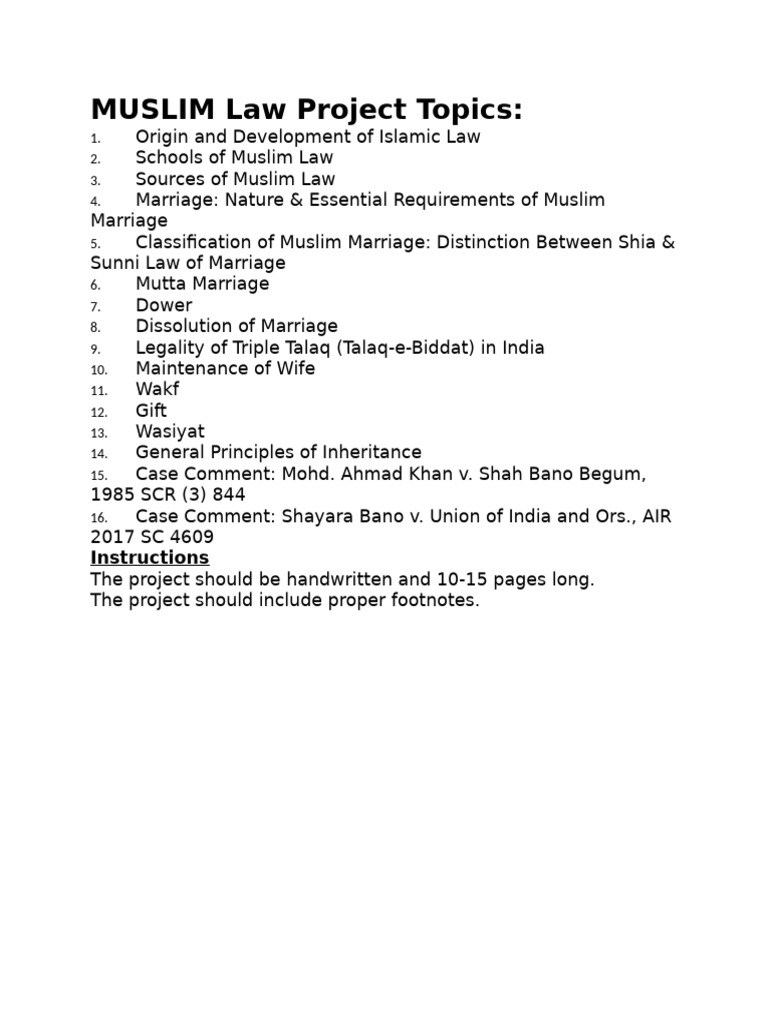 Islamic Law Project Topics Overview | PDF