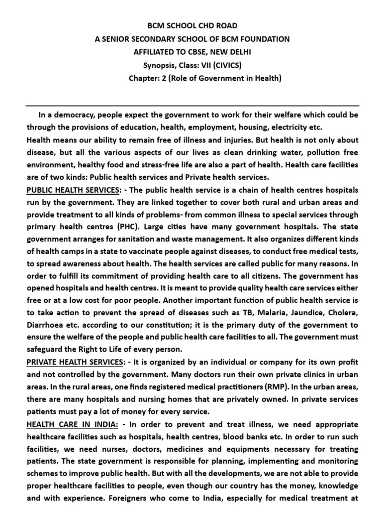 Chapter 2 (Civics) Class Vii | PDF | Health Care | Hospital