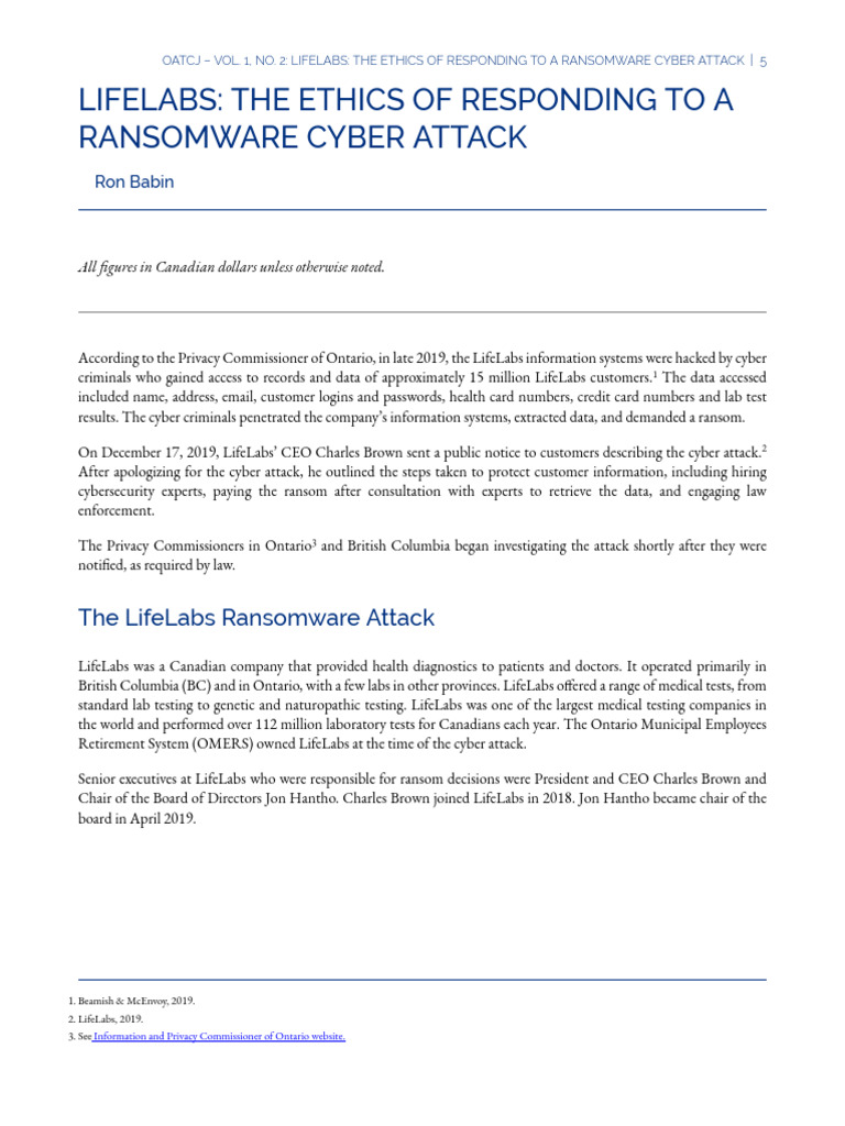LifeLabs The Ethics of Responding To A Ransomware Cyber Attack. | PDF | Computer Security | Security