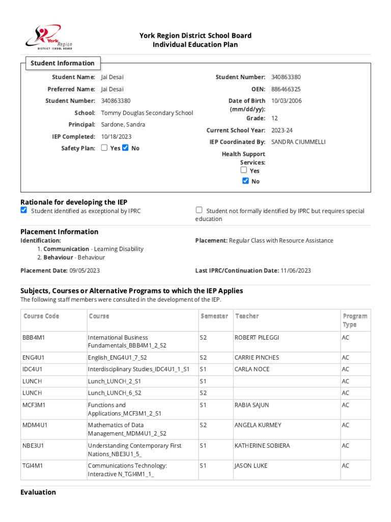 IEP for Jai Desai at Tommy Douglas School | PDF | Individualized ...