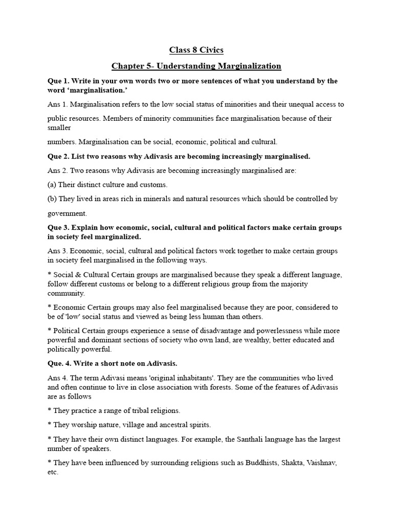 Class 8 Civics 5 - Understanding Marginalization Notes | PDF | Minority ...