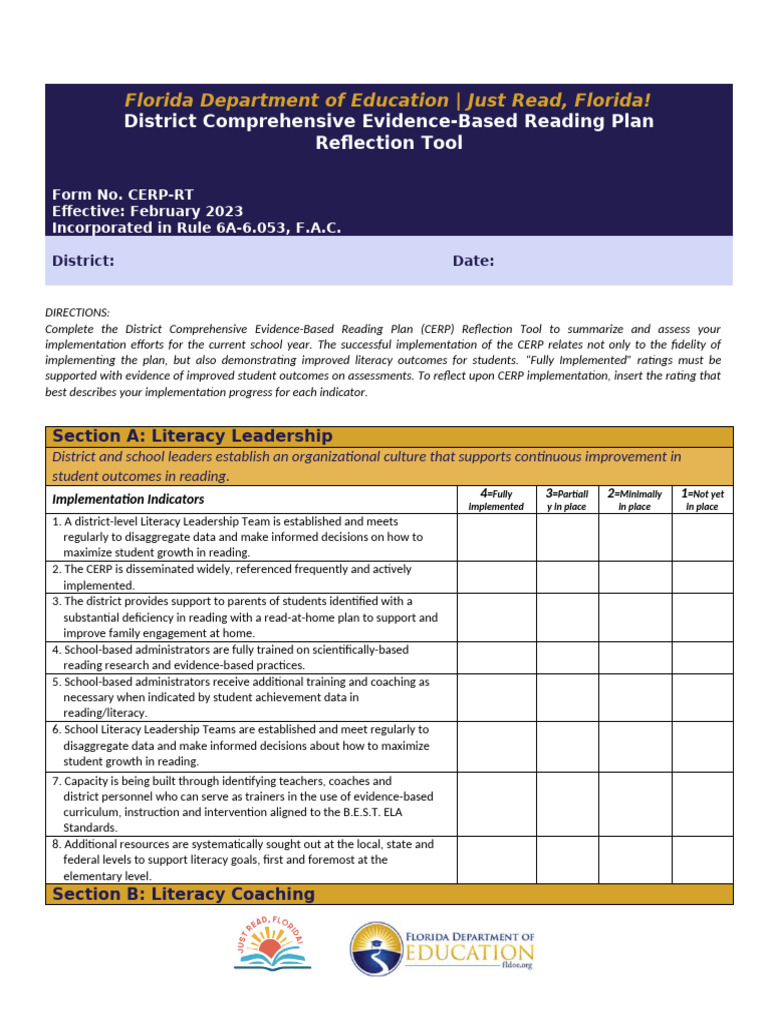 Florida CERP Reading Plan Reflection Tool | PDF | Phonics | Literacy