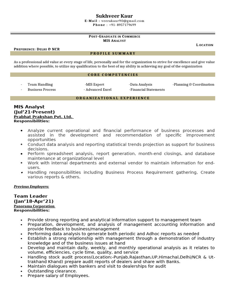 MIS Analyst Resume - Sukhveer Kaur | PDF | Financial Analyst | Business