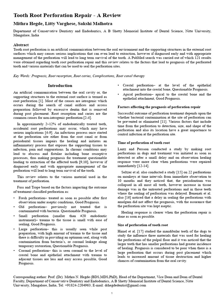 Tooth Root Perforation Repair A Review | PDF | Dentistry Branches