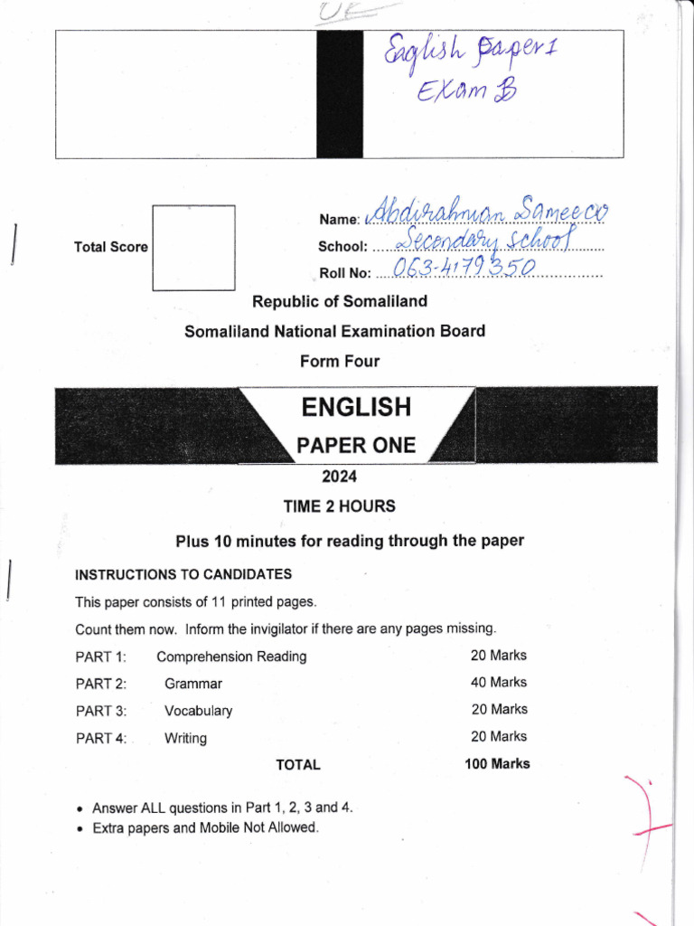English Exam B 2024 Paper1 | PDF