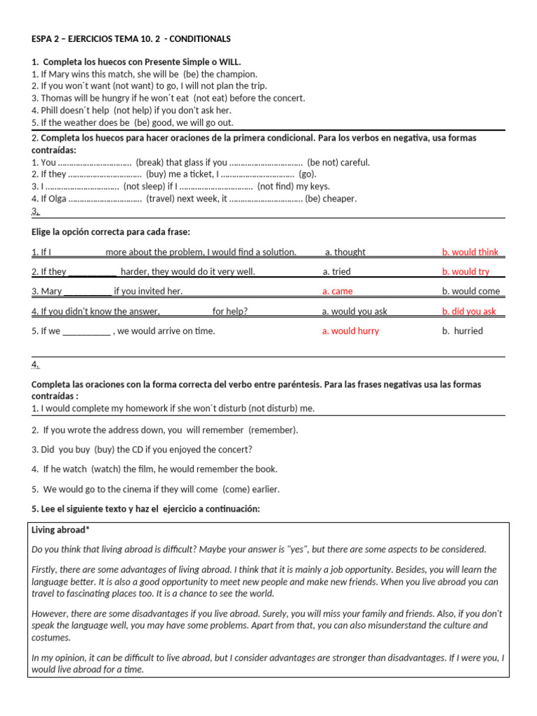 espa 2 ejercicios tema 10. 2 conditionals | PDF