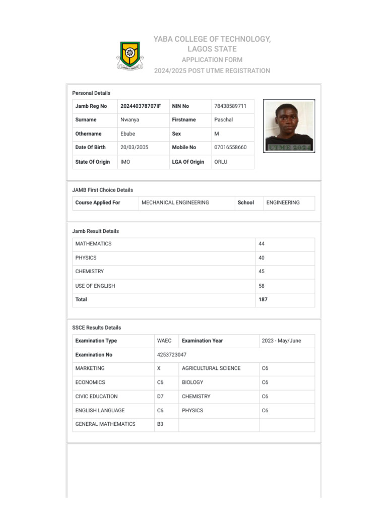 Yabatech Application Form | PDF