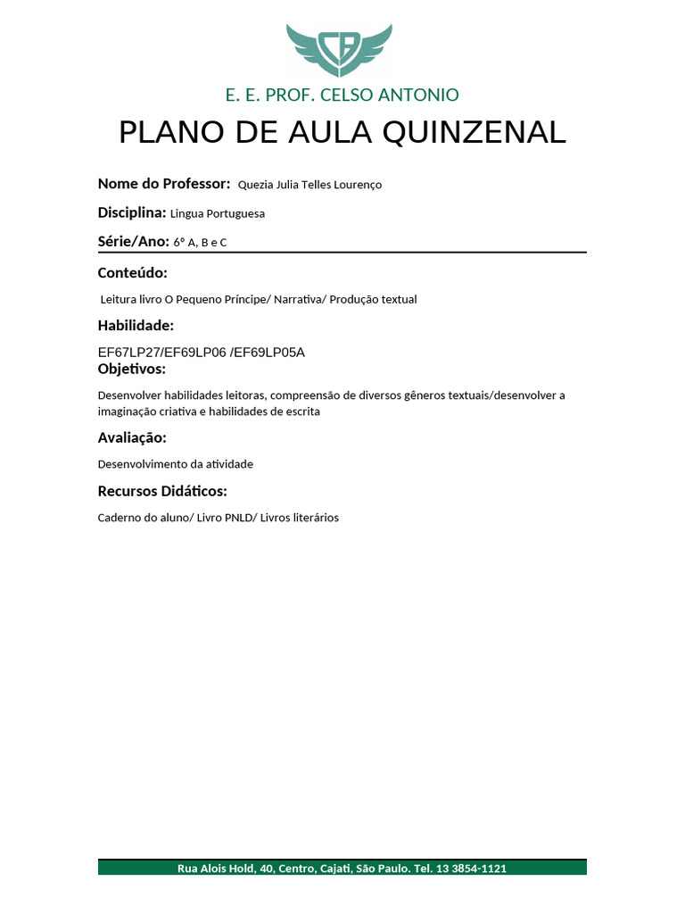 PLANO DE AULA QUINZENAL - 6 ano Port 8 a 18 nov | PDF