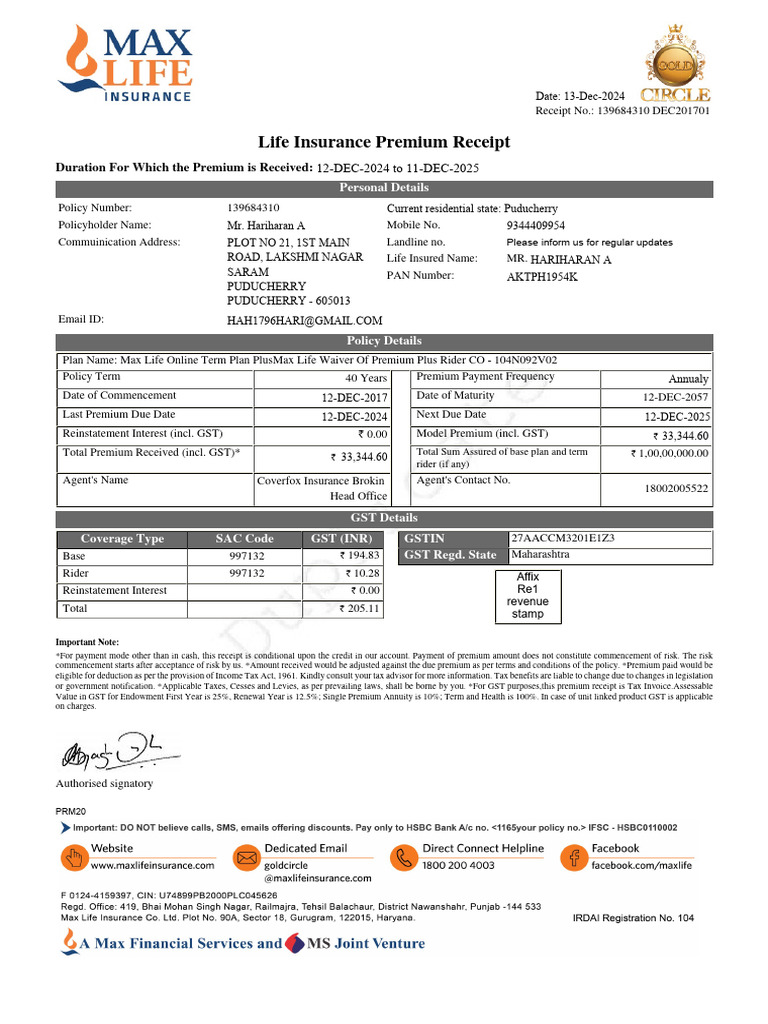 80d Medical Insurance Premium Receipt PDF | PDF | Taxes | Insurance