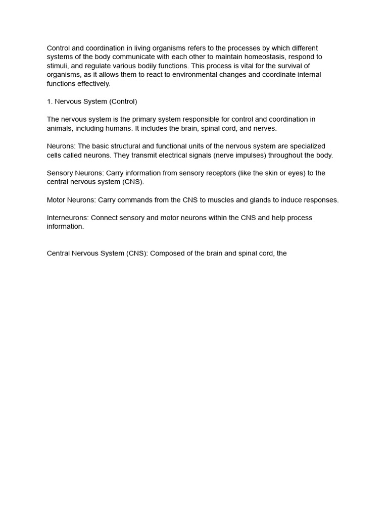 Control and coordination in living organisms refers to the processes by ...