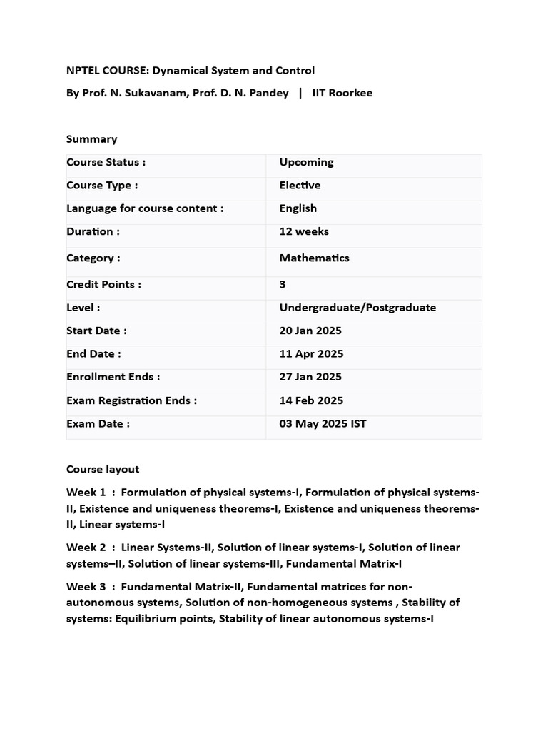 Dynamical System and Control-Syllabus | PDF | Stability Theory | Control Theory