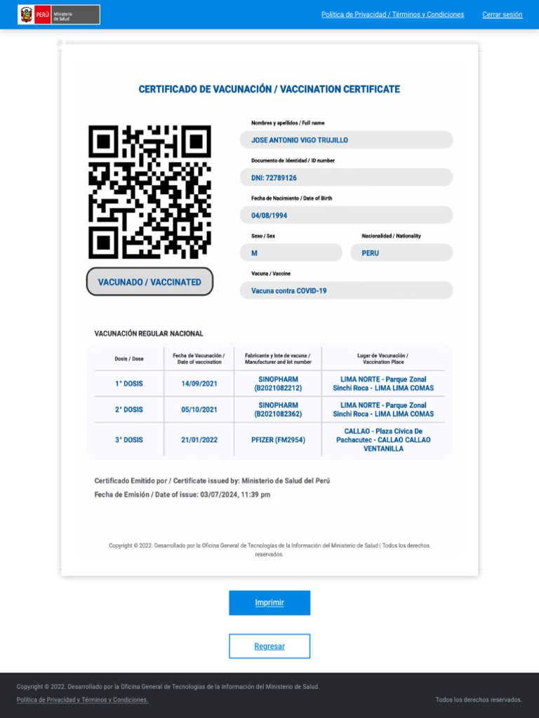 MINSA - Carné Vacunación | PDF