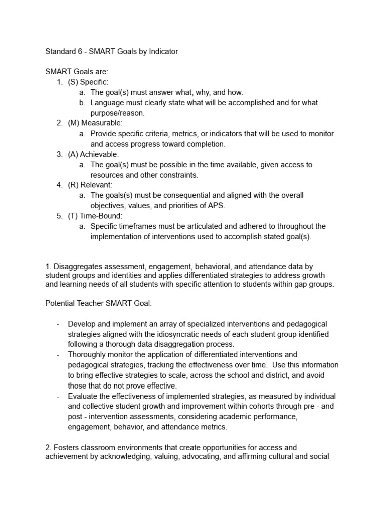 Teacher SMART Goals by Indicator | PDF | Inclusion (Education) | Teachers