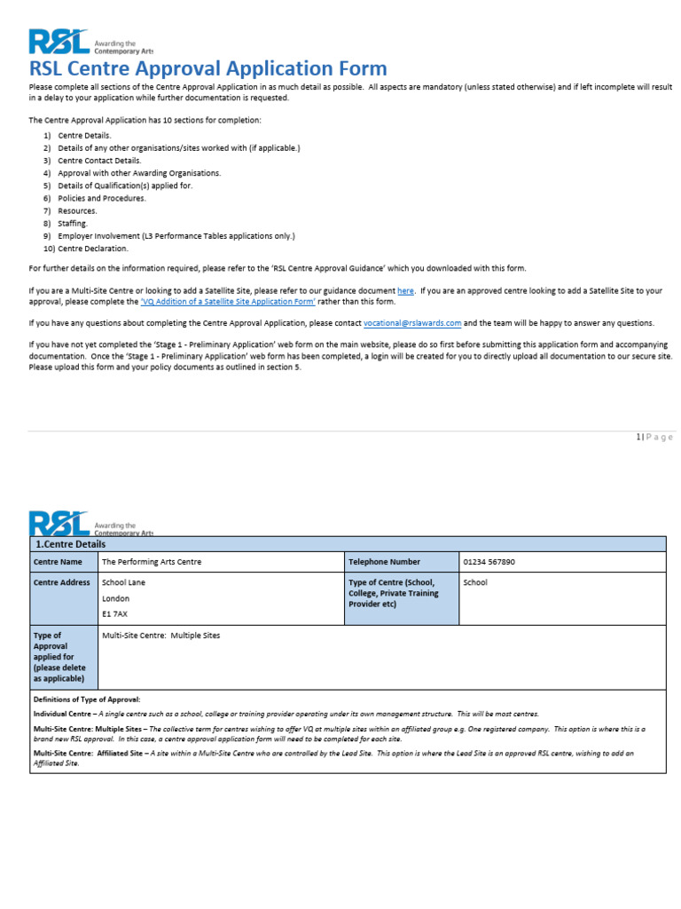RSL Centre Approval Application Form - EXAMPLE Multi-Site Centre ...