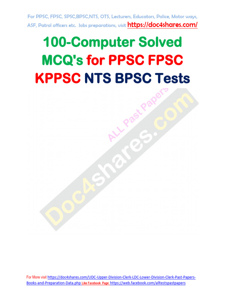 100-Computer Solved Mcqs For PPSC FPSC KPPSC Nts BPSC Tests | PDF ...