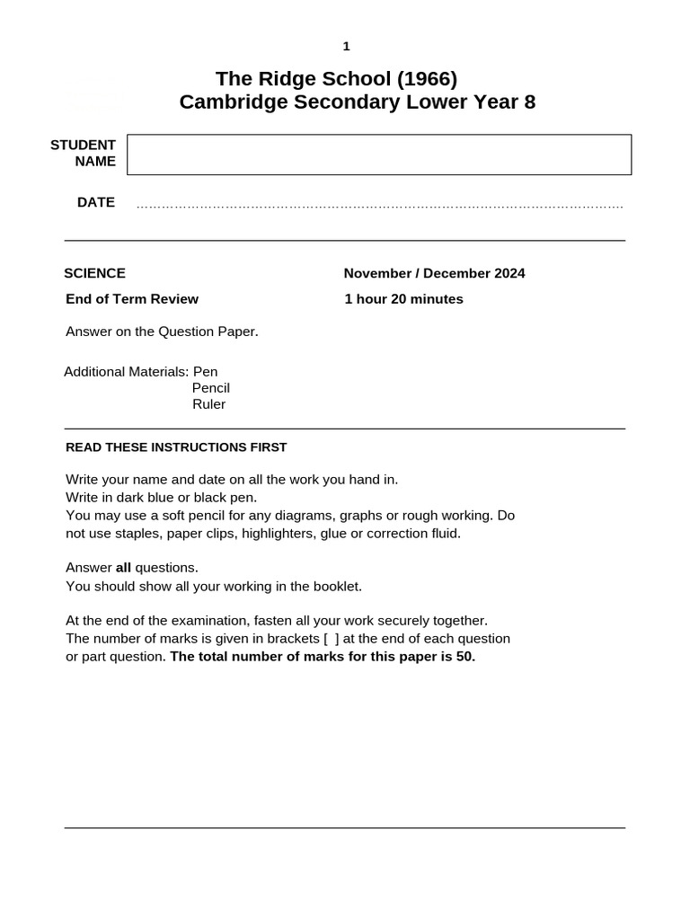 Year 8 Science Exam Review 2024 | PDF