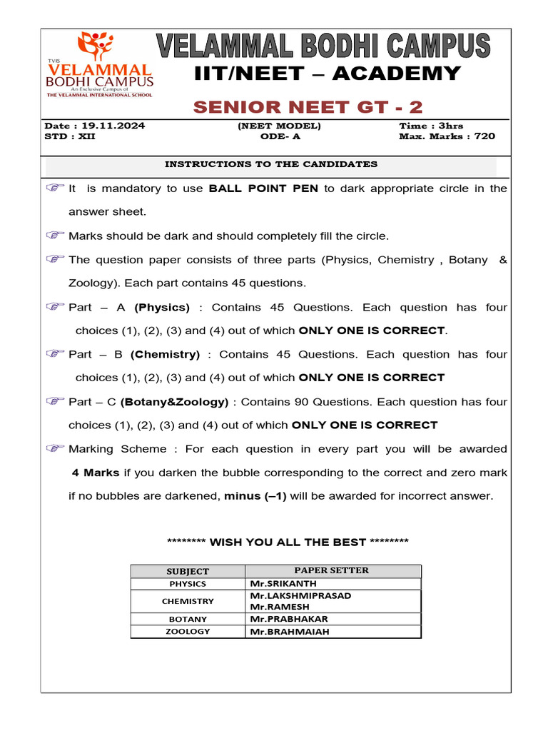 NEET GT-2 Exam Instructions and Format | PDF | Meiosis | Electrical ...