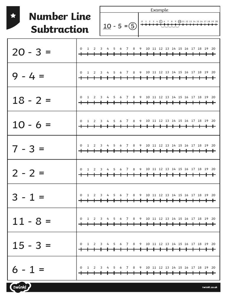 Subtraction from 20 Number Line Worksheet | PDF