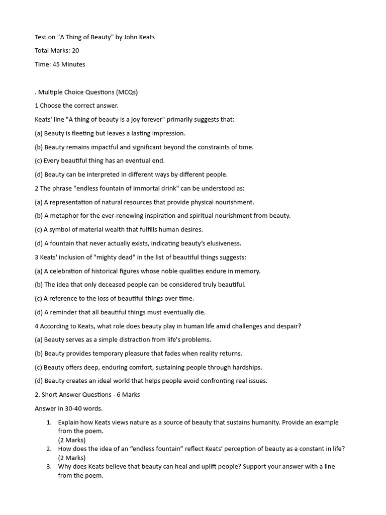 Test On Thing of Beauty | PDF | Beauty | John Keats