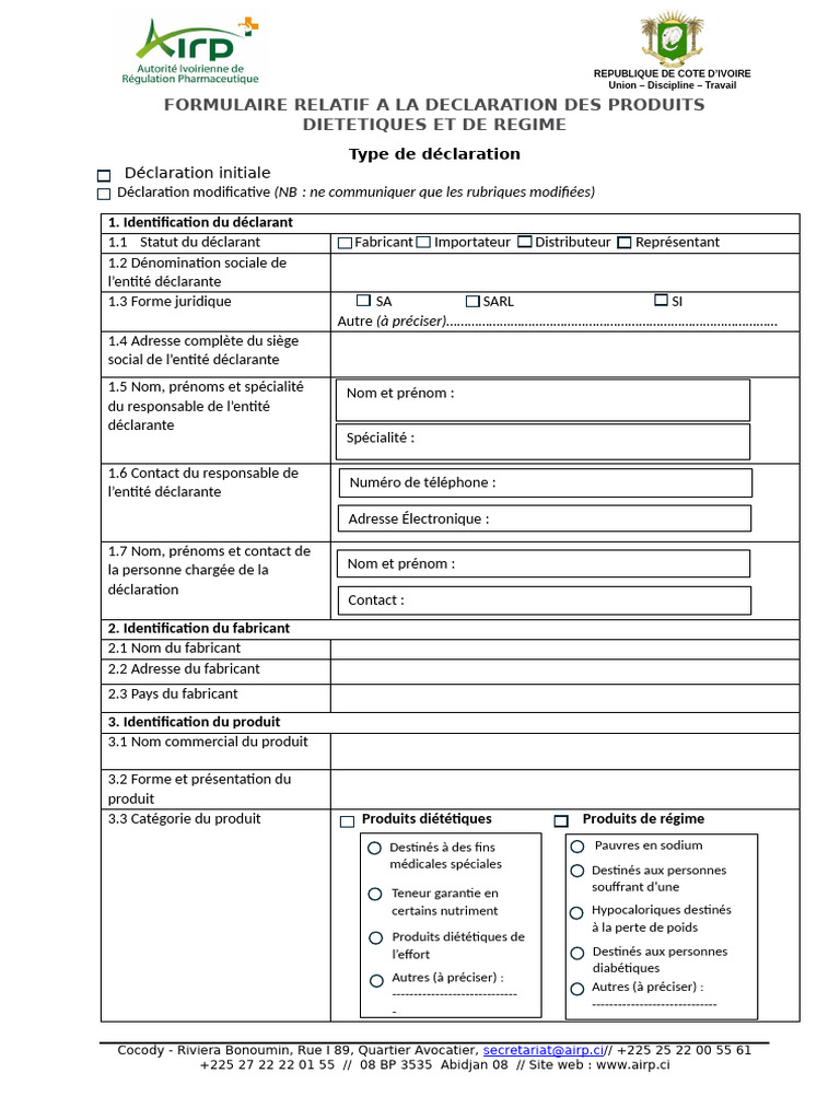 Formulaire Relatif Aux Declarations Des Produits Dietetiques Et de ...