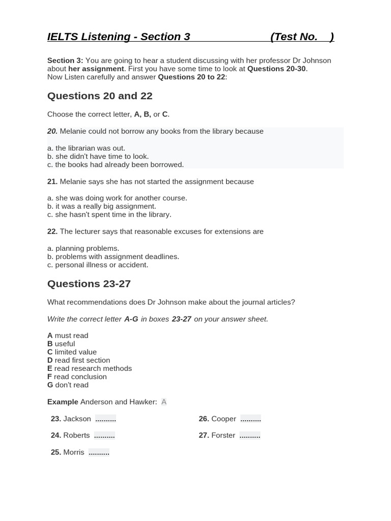 IELTS Listening - Section 3 DR Johnson Student Assignment | PDF