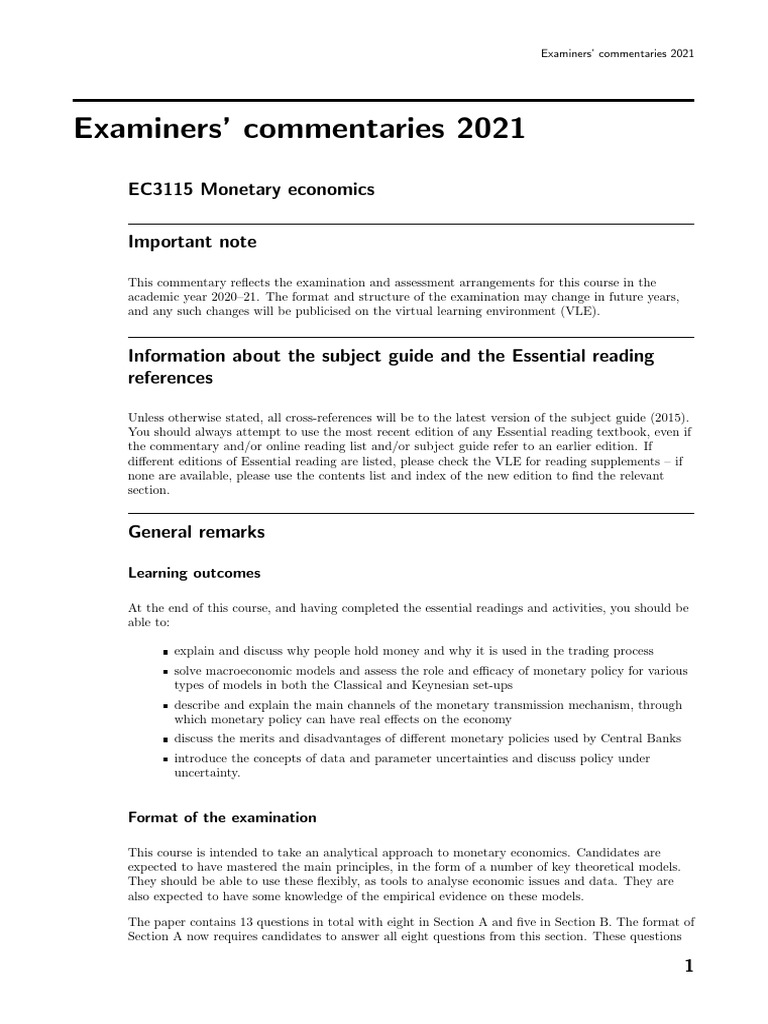 EC3115 - Monetary Economics - 2021 Examiners Commentaries | PDF | Inflation | Phillips Curve