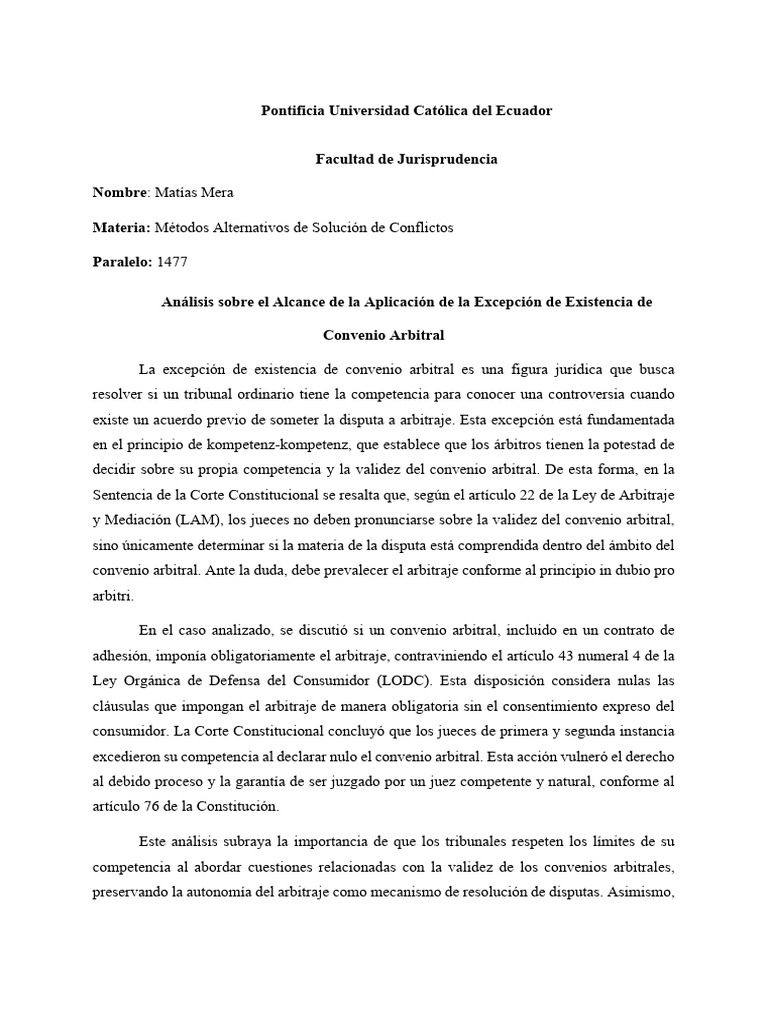 Alcance Constitucional de La Excepción de La Existencia de Convenio ...