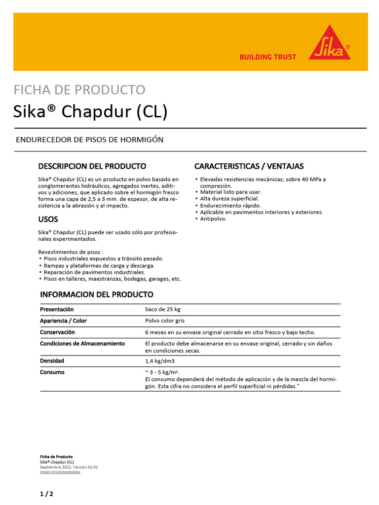 Sika-Chapdur-Cl ENDURECEDOR | PDF | Hormigón | Materiales