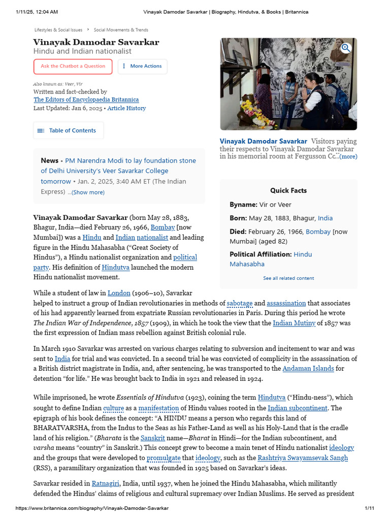 Vinayak Damodar Savarkar - Biography, Hindutva, & Books - Britannica | PDF | Mahatma Gandhi ...