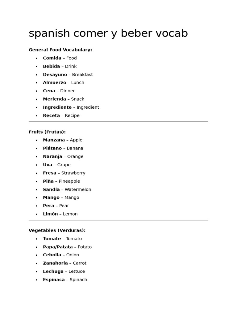 Spanish Comer y Beber Vocab | PDF | Alimentos | Cocina