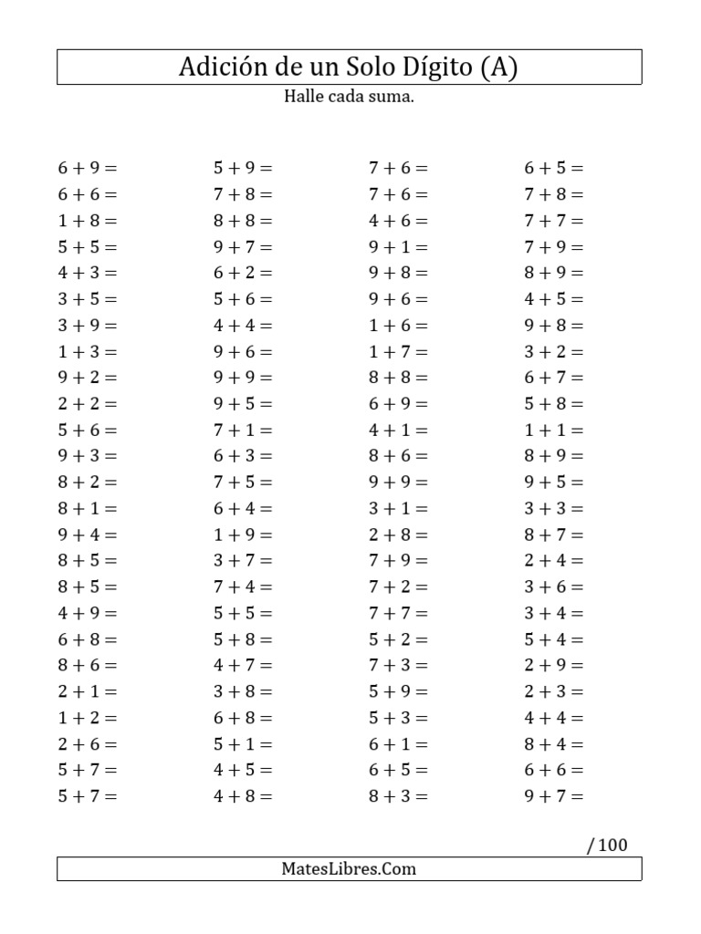 Sumas 1 digito horizontal | PDF