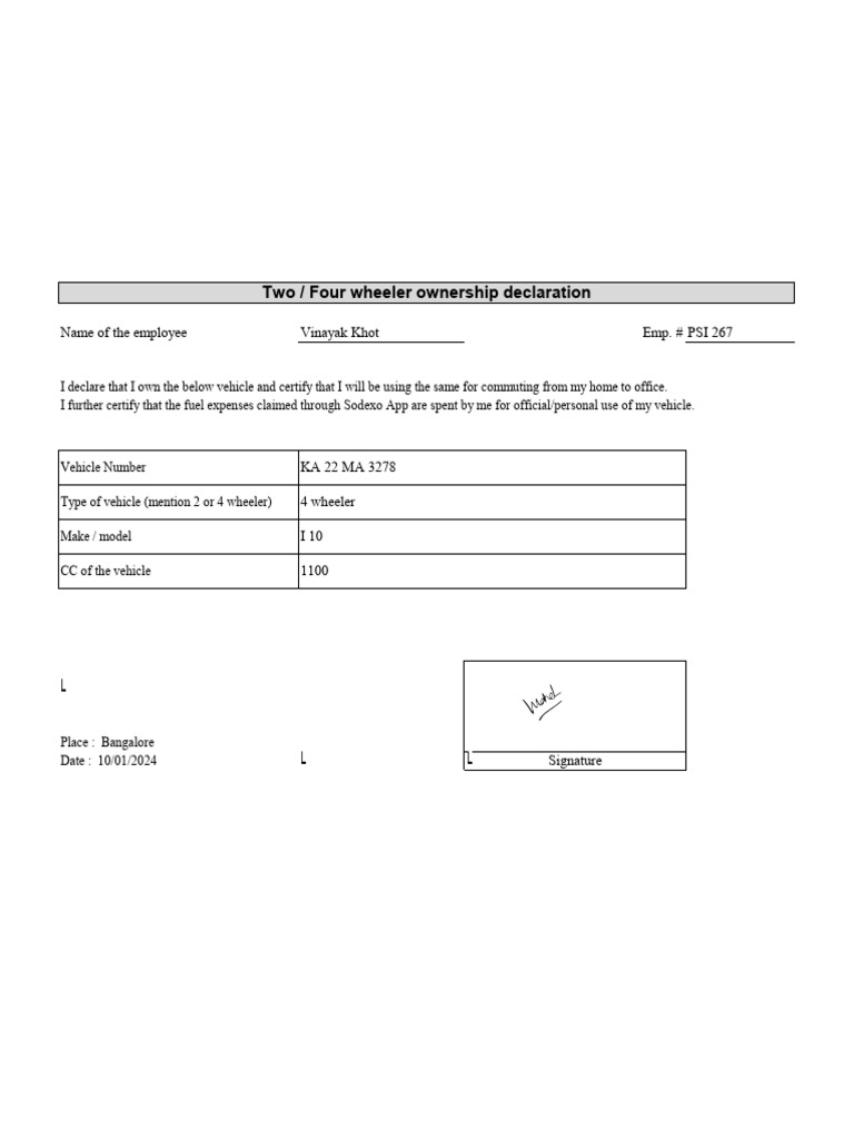 Fuel Two or Four Wheeler Declaration | PDF
