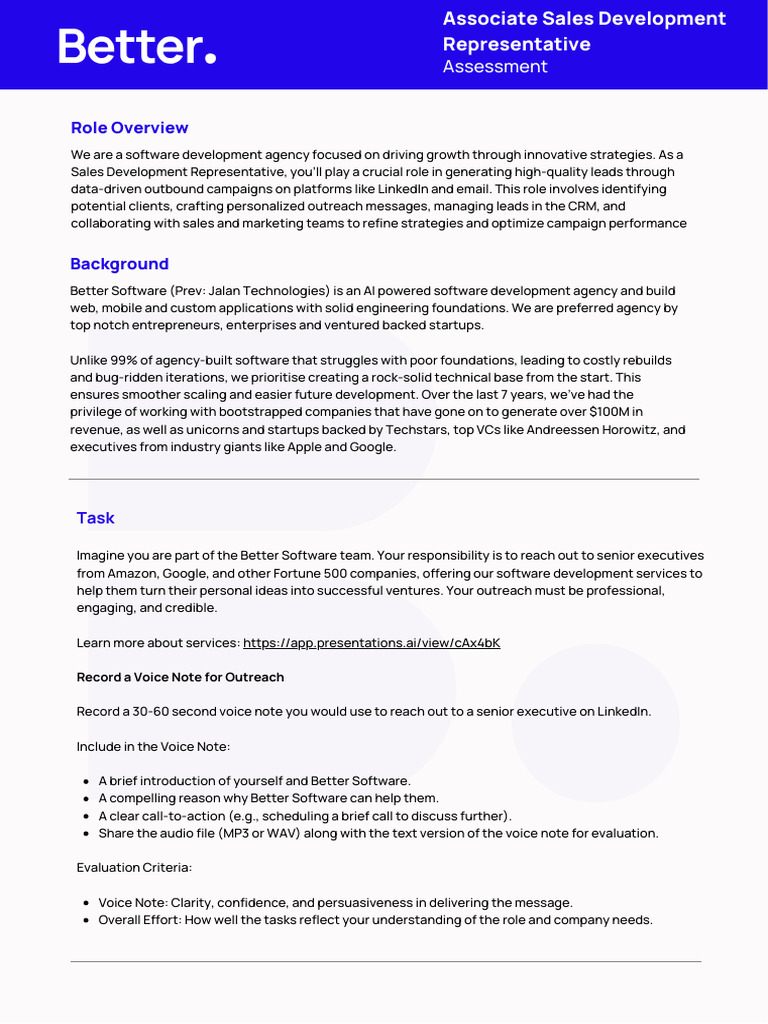 SDR Outreach Voice Note Assessment | PDF | Startup Company | Small ...